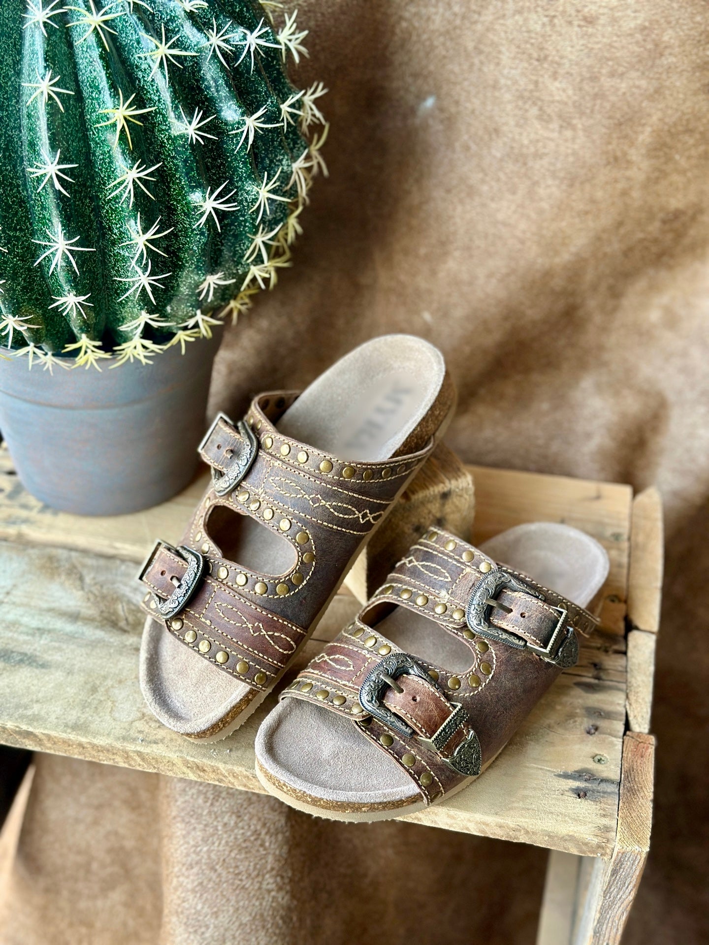 Bandera Buckled Leather Slide Sandals [Brown] Broker Leather Iowa, USA ...