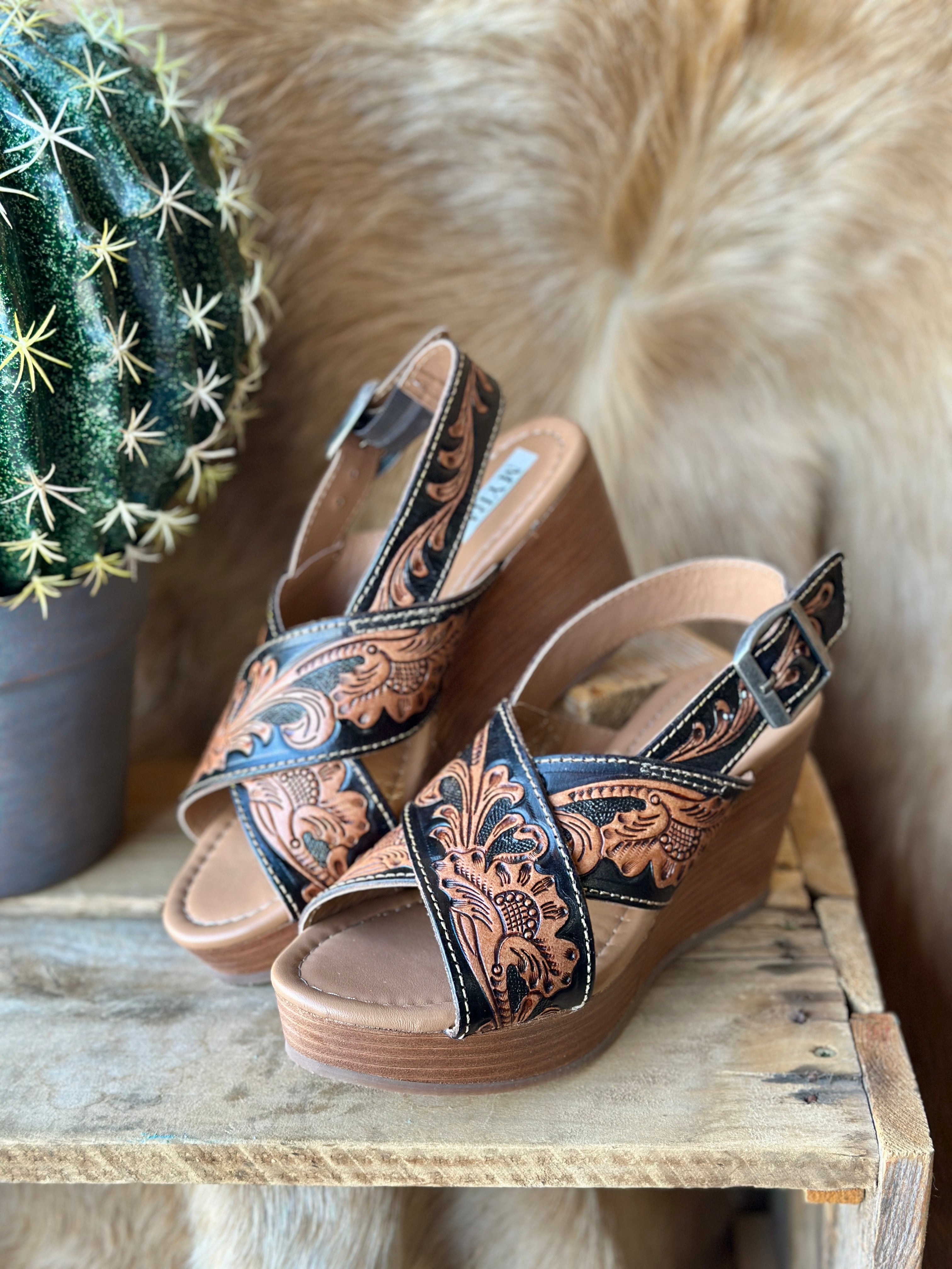 Rexha Tooled Leather Wedge Sandals Broker Leather Iowa, USA Western ...